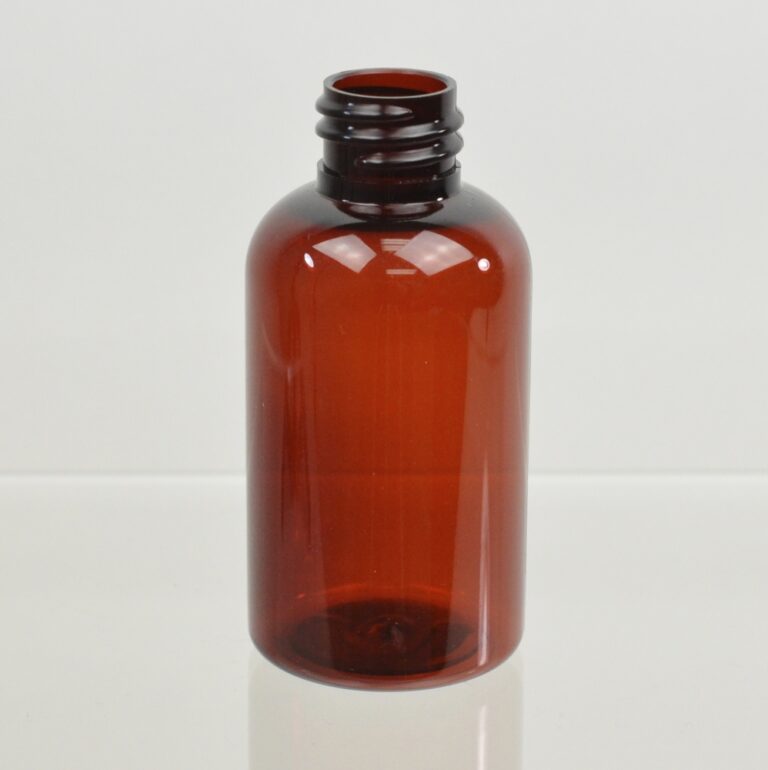2 Oz 20/410 Squat Boston Round Amber PET Bottle - PackagingBuyer